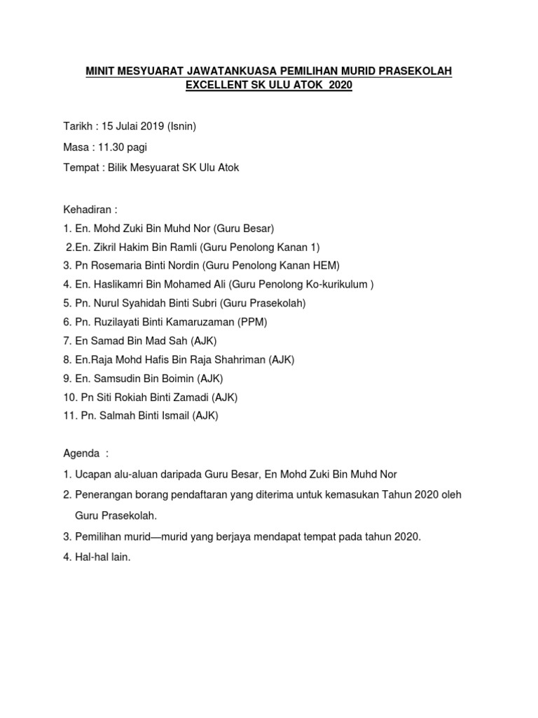 Minit Mesyuarat Jawatankuasa Pemilihan Murid Prasekolah | PDF