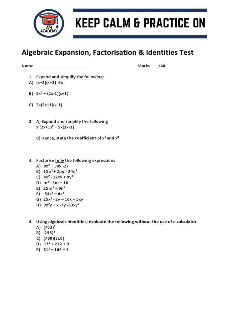 Algebraic Expansion and Factorisation Test | PDF | Teaching Methods ...