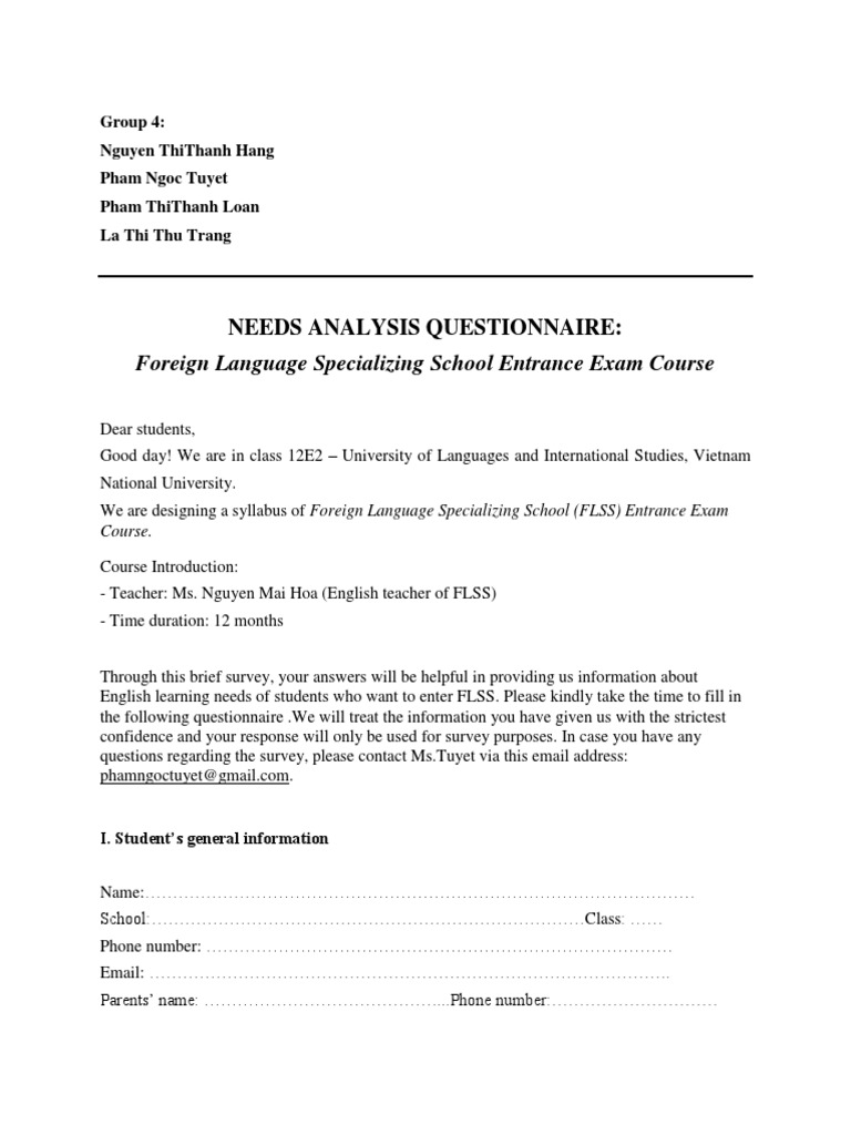 FLSS Entrance Exam Course Needs Survey | PDF | English Language | Human ...