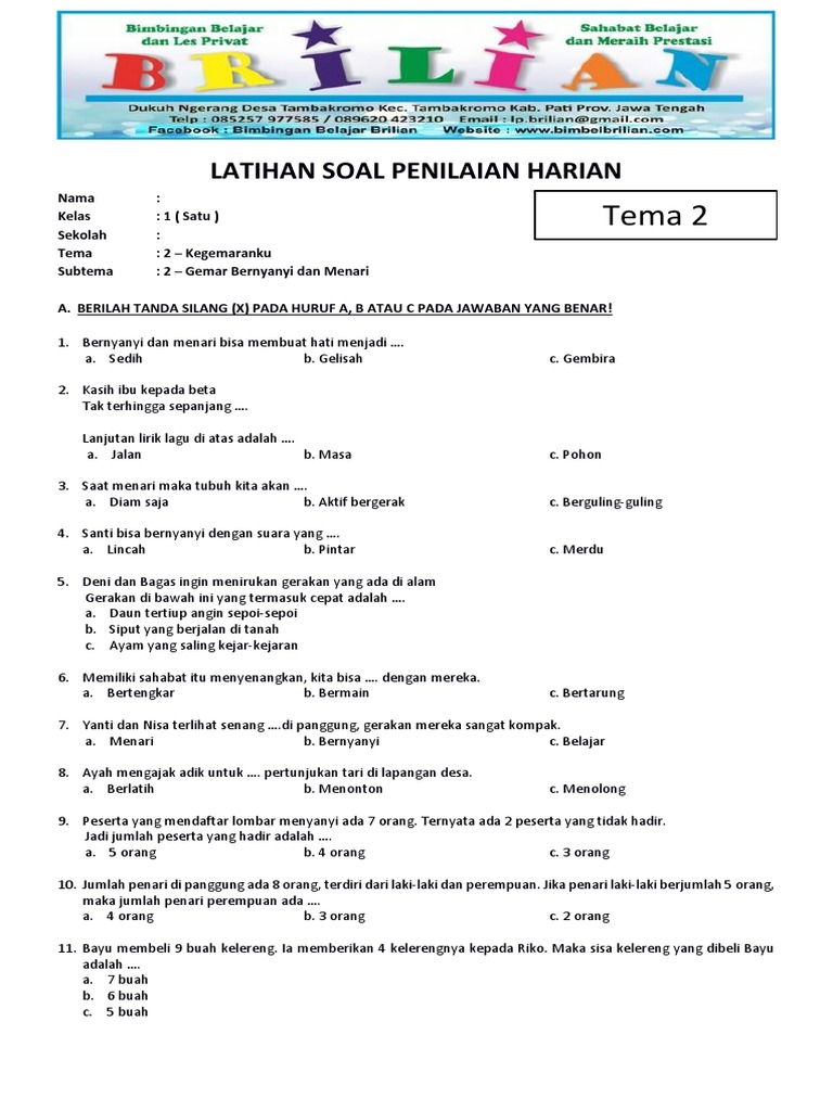 Soal Tematik Kelas 1 SD Tema 2 Subtema 2 Gemar Bernyanyi Dan Menari Dan Kunci Jawaban - WWW ...