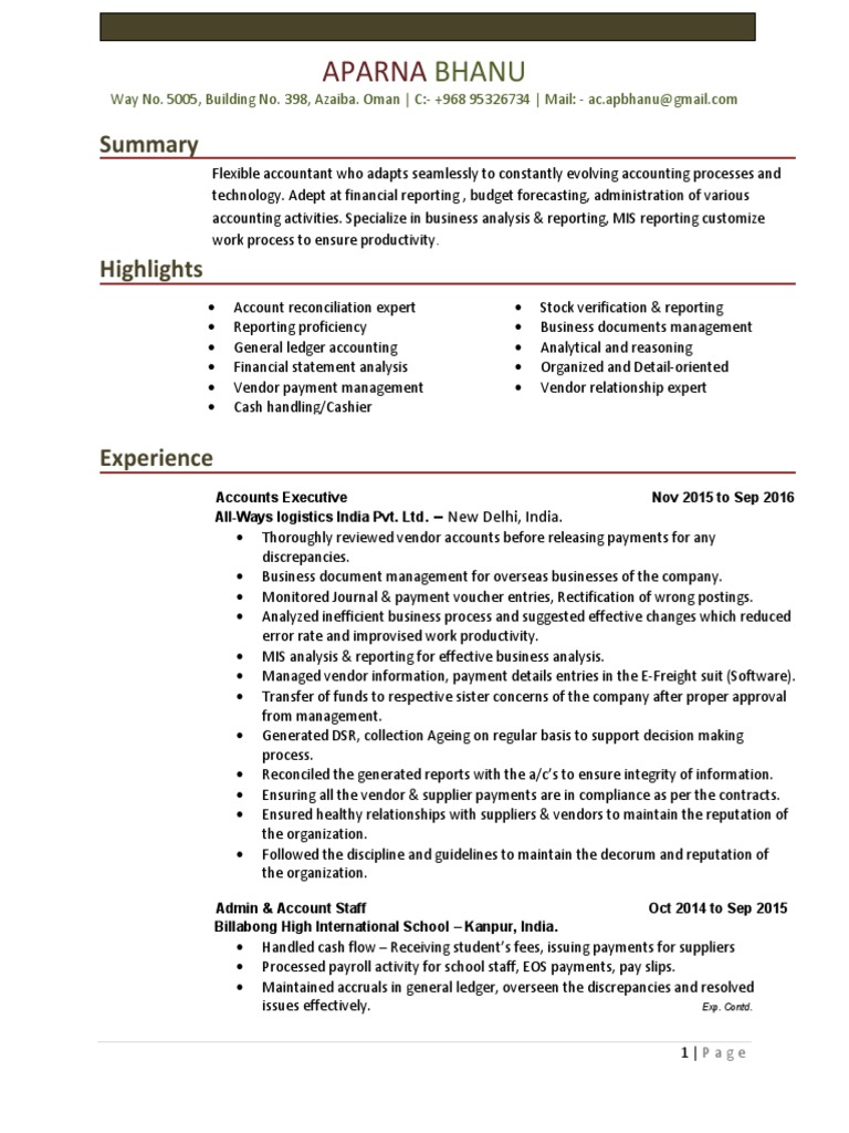 Aparna Bhanu Resume | PDF | Payments | Accounting