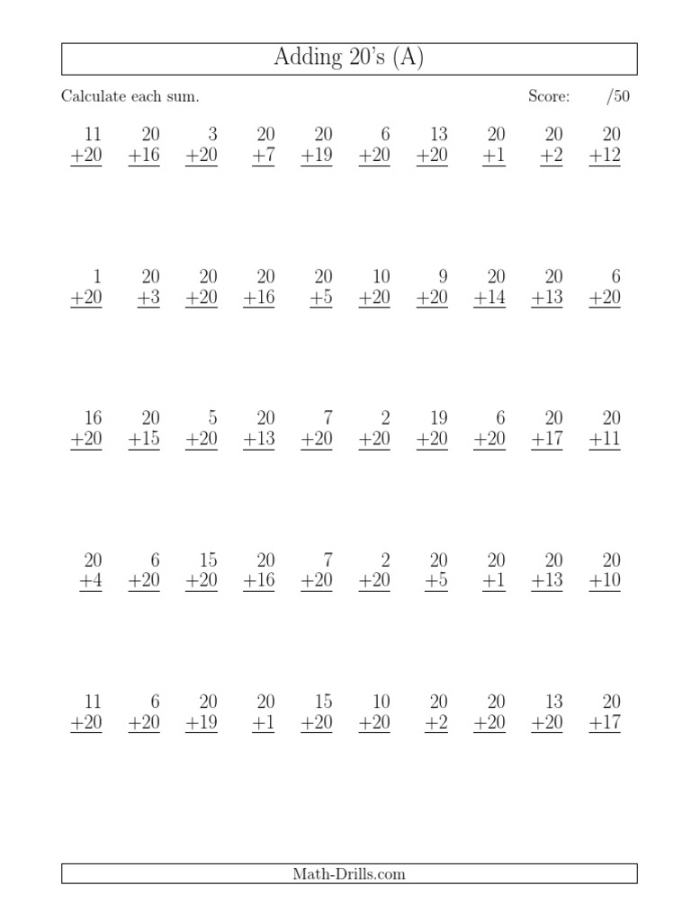 Adding 20's: Practice with Summing to 20 | PDF