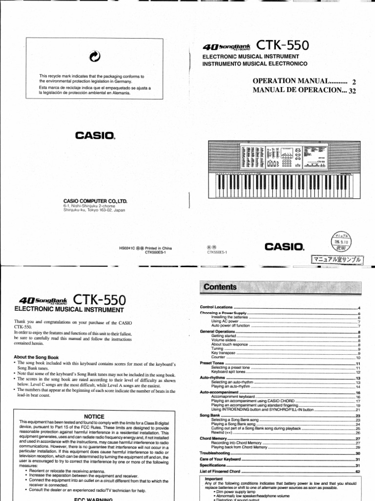 Casio CTK 550 Keyboard Manual PDF | PDF