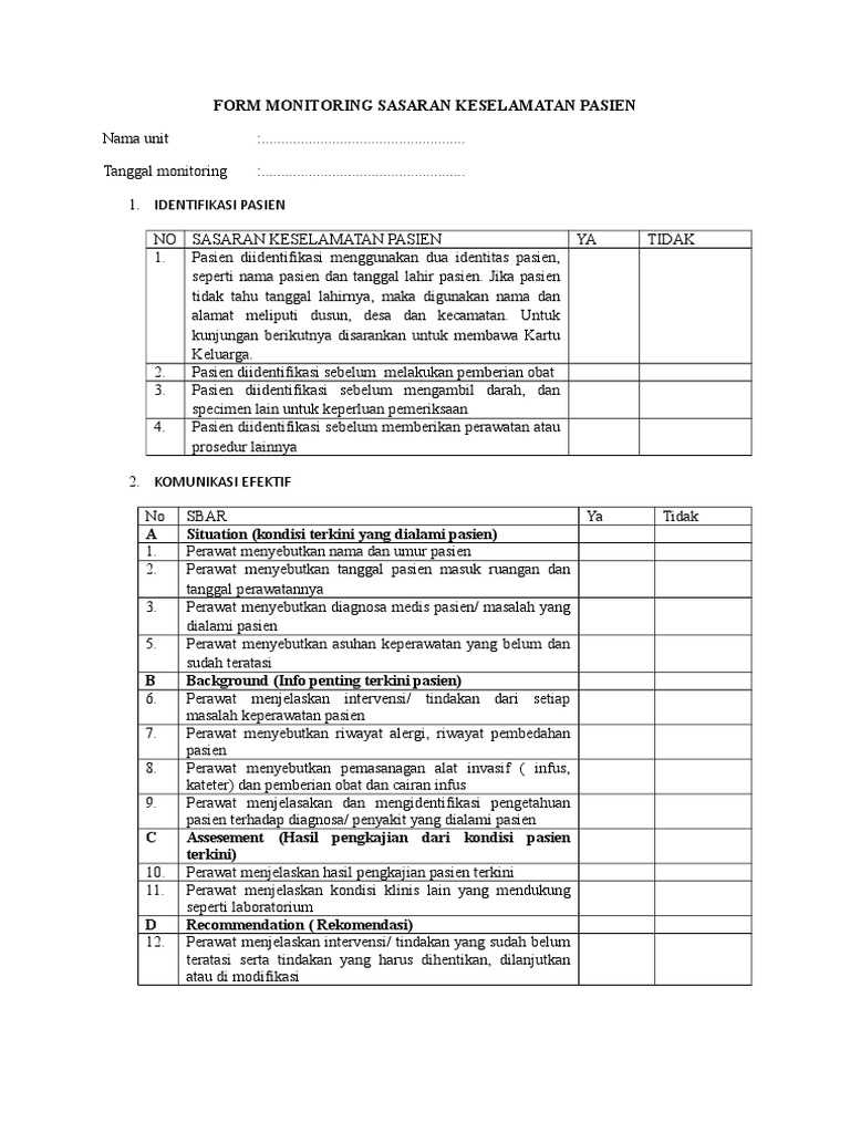 Form Monitoring Sasaran Keselamatan Pasien | PDF | Kesehatan Holistik