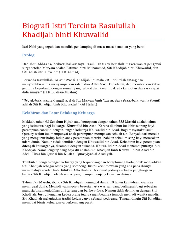 Biografi Istri Tercinta Rasulullah Khadijah Binti Khuwailid Pdf