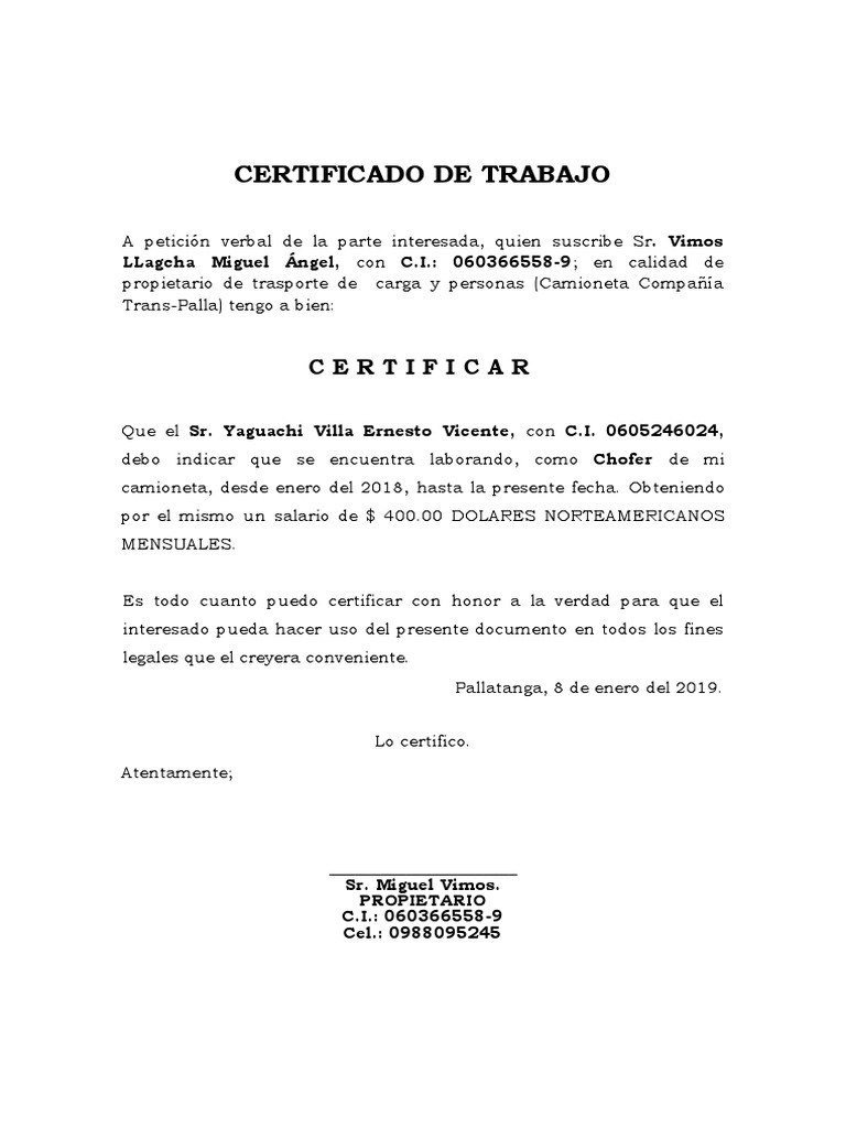 Certificado De Trabajo De Chofer Pdf Negocios Finanzas Y Dinero