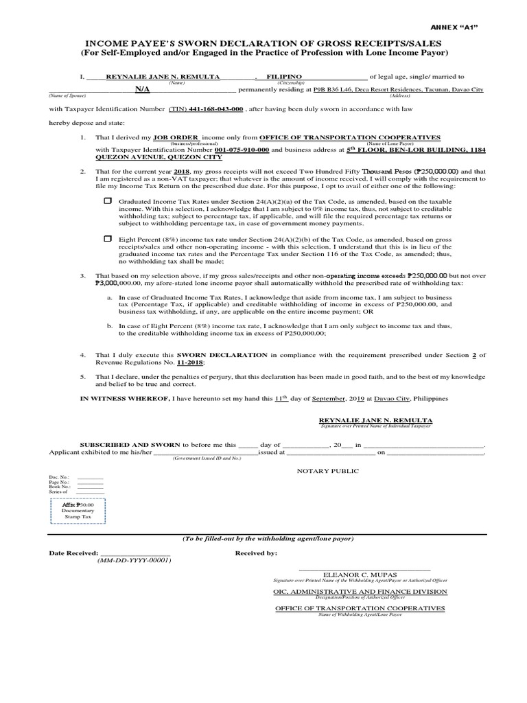 Cos Jo Annex a1 Sample-template | Withholding Tax | Income Tax In The ...