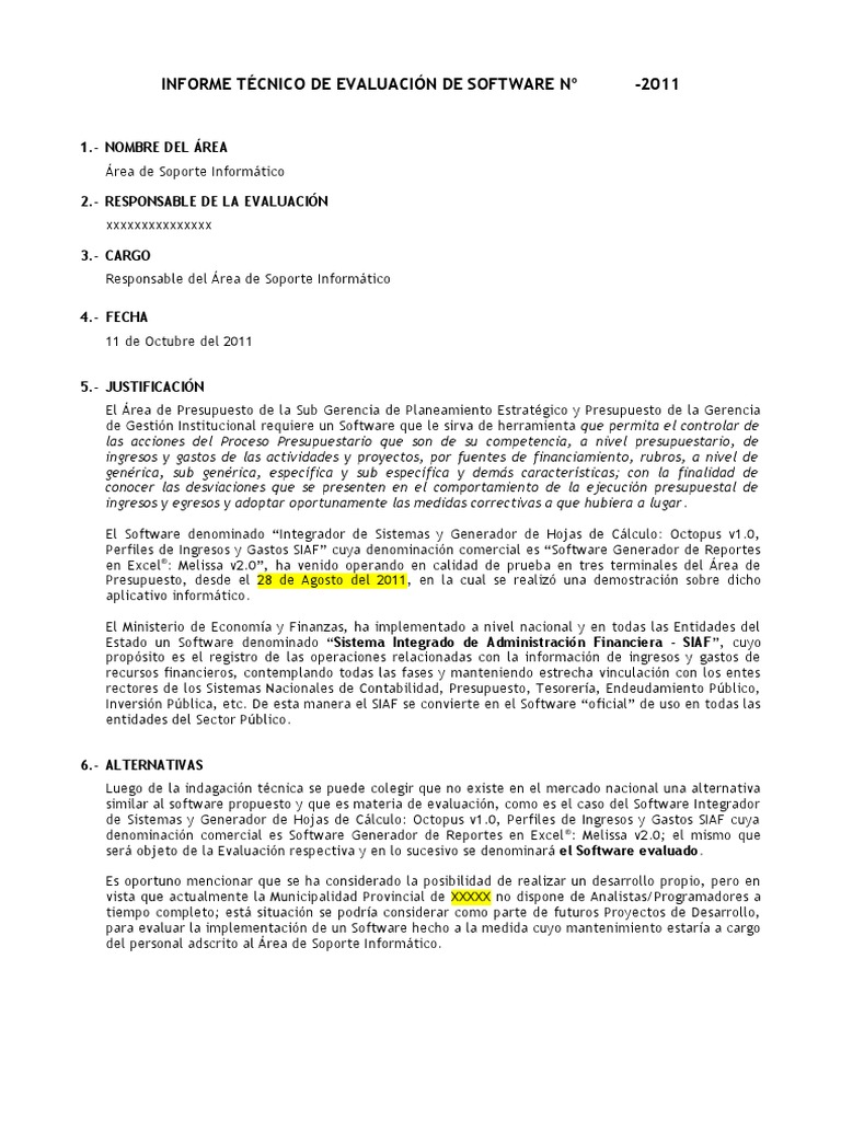 Modelo Informe Tecnico - Melissa v2.0 | PDF | Software | Presupuesto