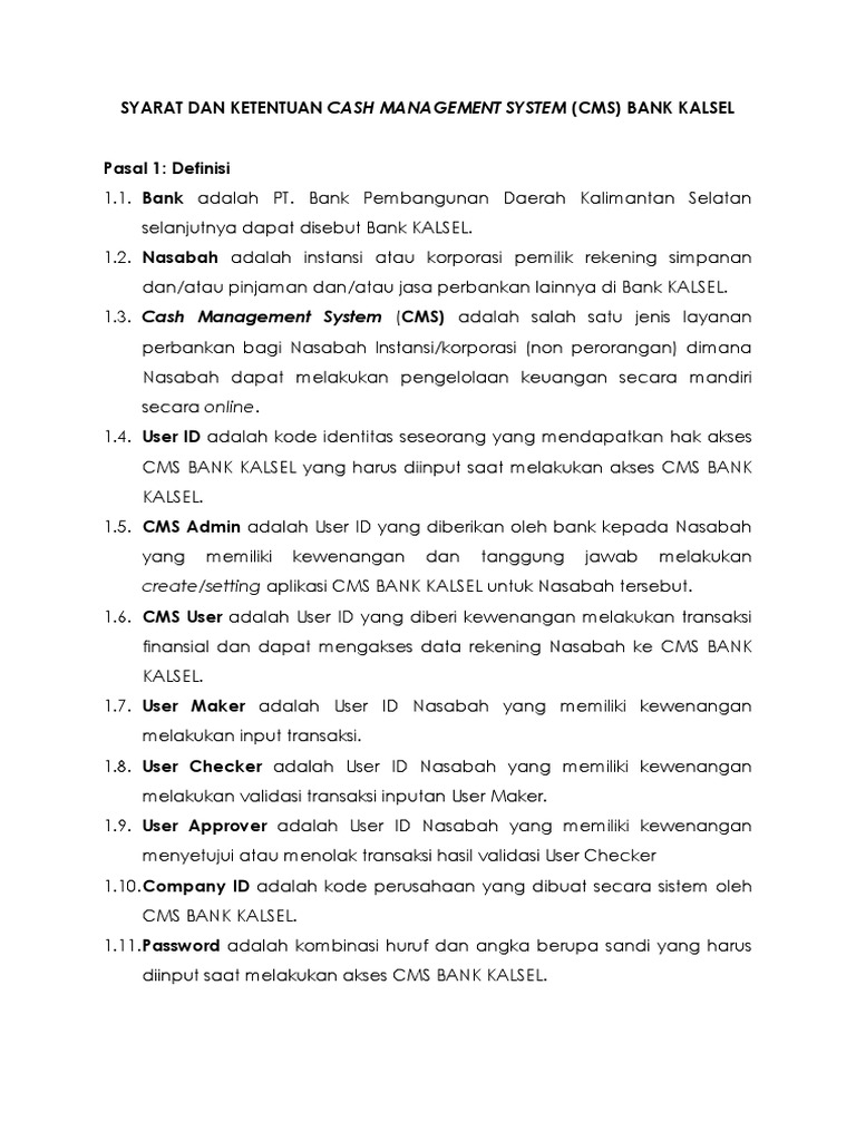 Syarat dan Ketentuan CMS Bank Kalsel | PDF | Bisnis | Hukum