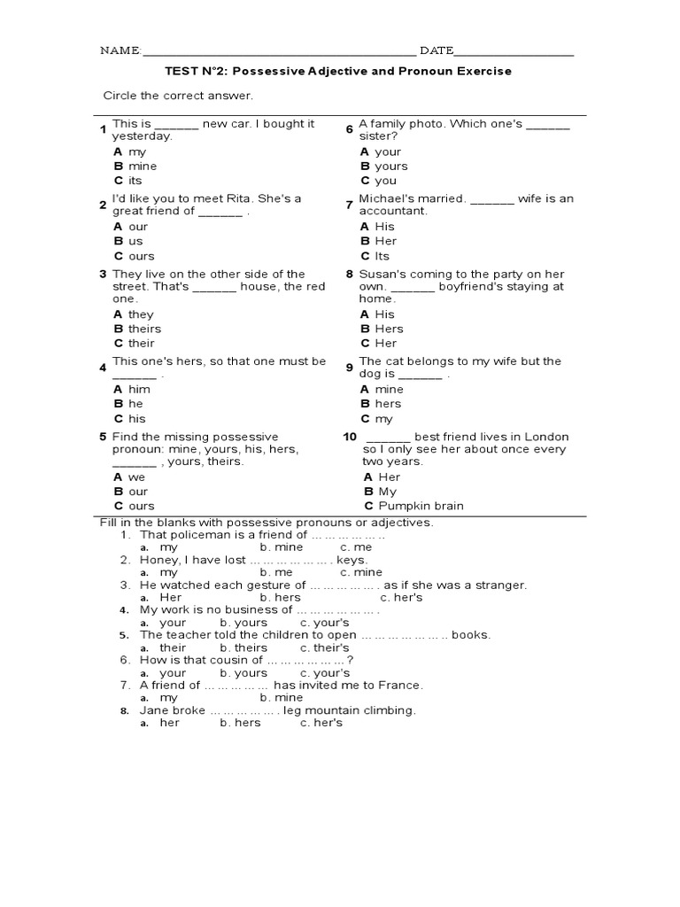 10e. Possessive Adjectives and Pronouns Answer Key | PDF | Grammar ...