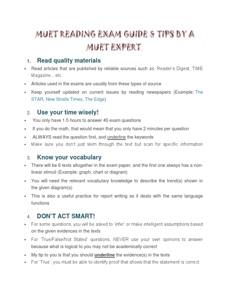 MUET Reading Exam Guide | Download Free PDF | Vocabulary | Test ...