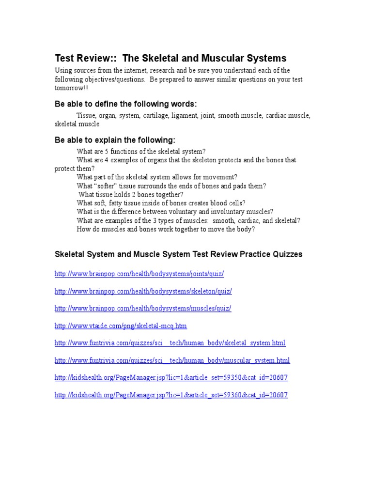 Skeletal and Muscular Systems Review | PDF | Self-Improvement | Science ...