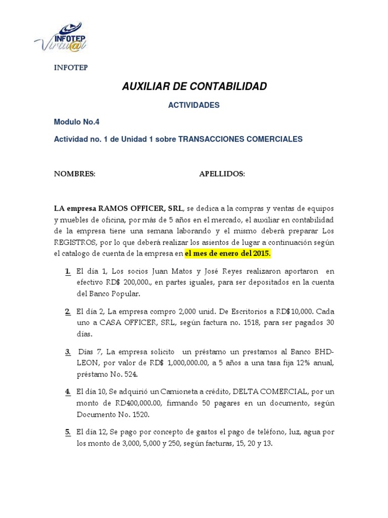Actividad No. 1 Mod 4 Auxiliar Contabilidad Infotep | PDF