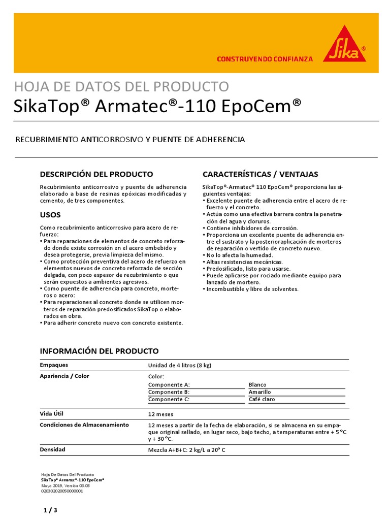 SikaTop Armatec 110 Epocem PDF | PDF | Revestimiento | Hormigón