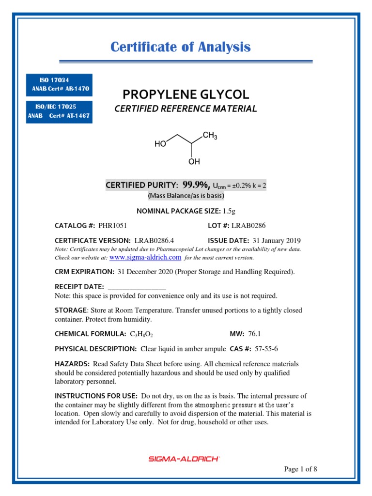 Coa Propylene Glycol | PDF | Analysis Of Variance | Uncertainty