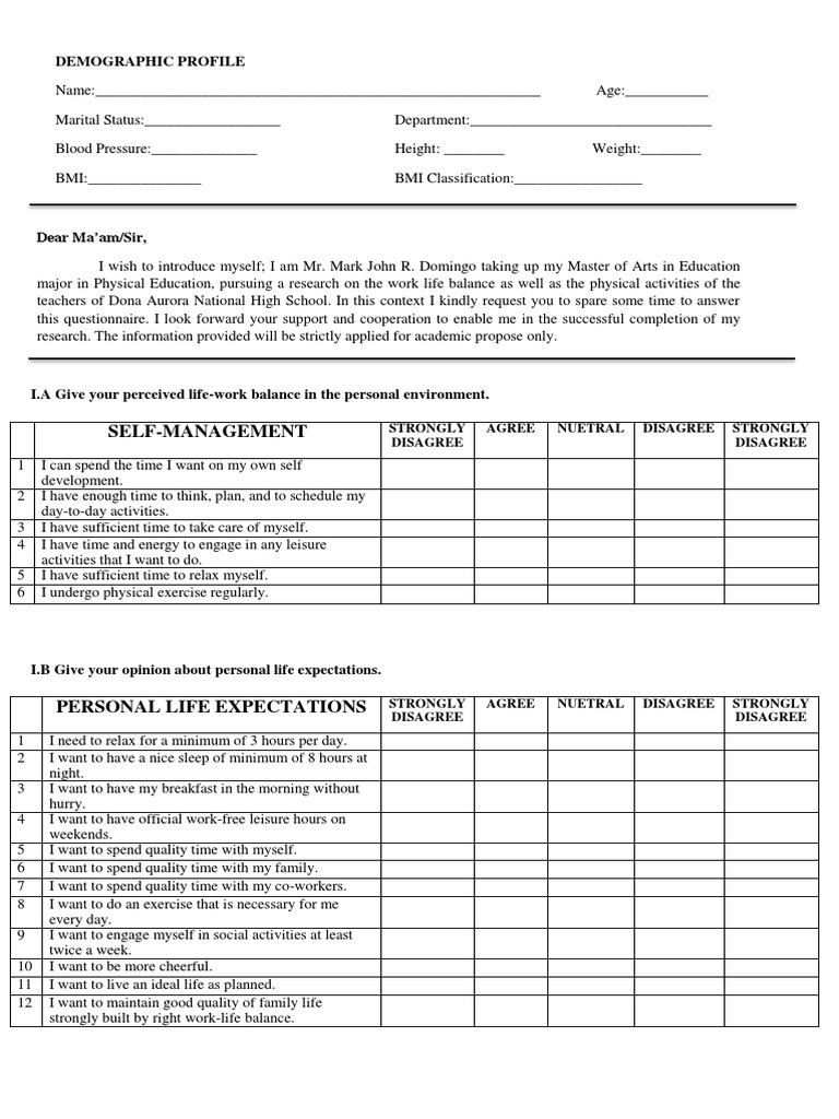 Self-Management: Demographic Profile | PDF | Work–Life Balance ...