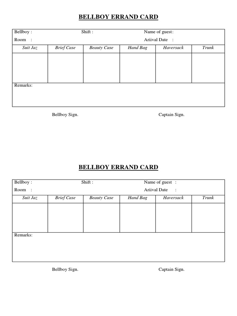 Bellboy Errand Card | PDF