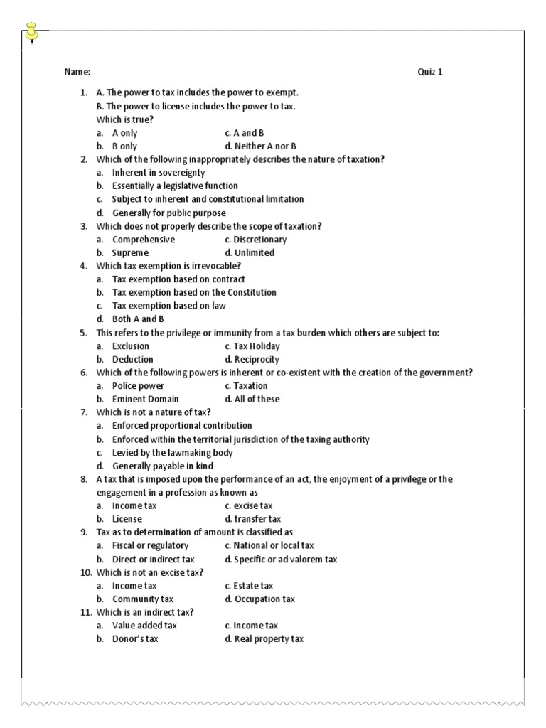 Taxation Quiz 1.docx | Tax Exemption | Taxpayer