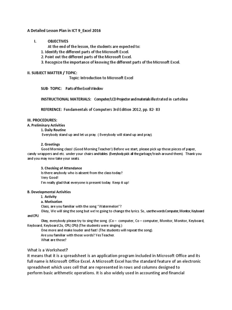 Lesson Plan in MS Excel | PDF | Spreadsheet | Microsoft Excel