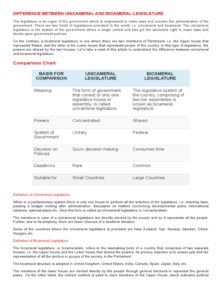 Difference Between Unicameral and Bicameral Legislature | PDF | United ...