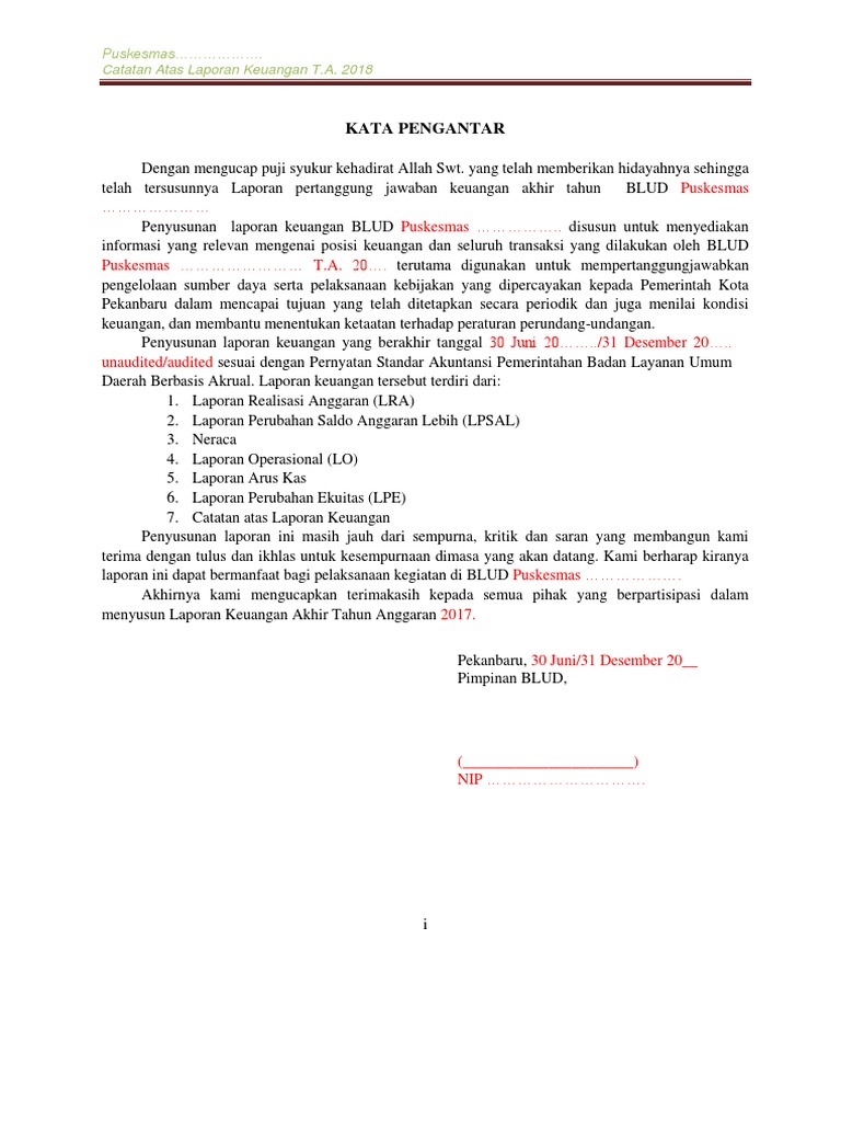 Contoh CALK 2018 Puskesmas | PDF