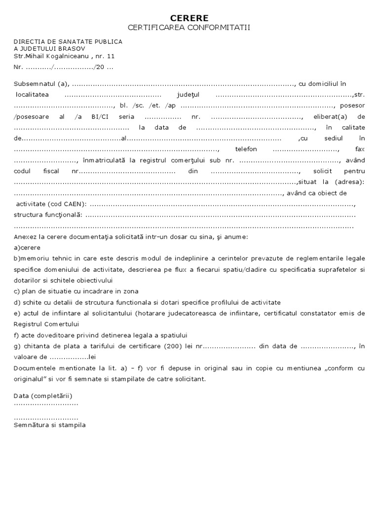 Cerere Certificarea Conformitatii DSP | PDF