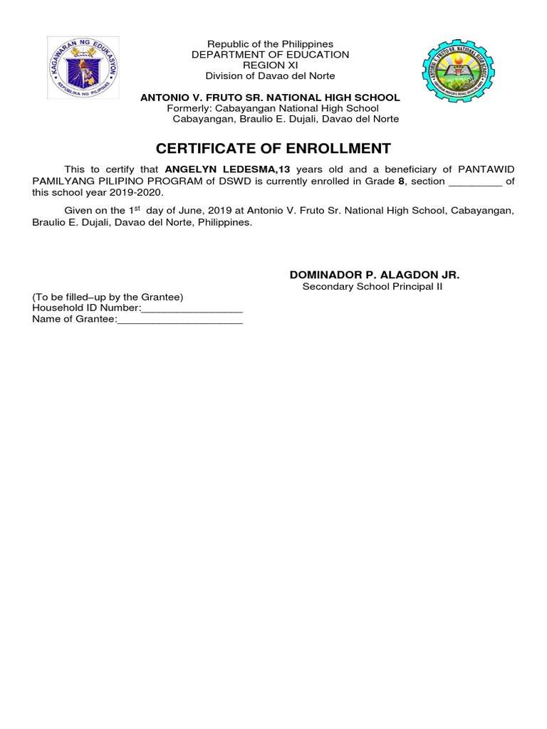 Certificate of Enrollment: Antonio V. Fruto Sr. National High School | PDF