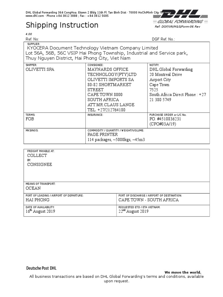 Booking Form DHL | PDF | Services (Economics) | Trade