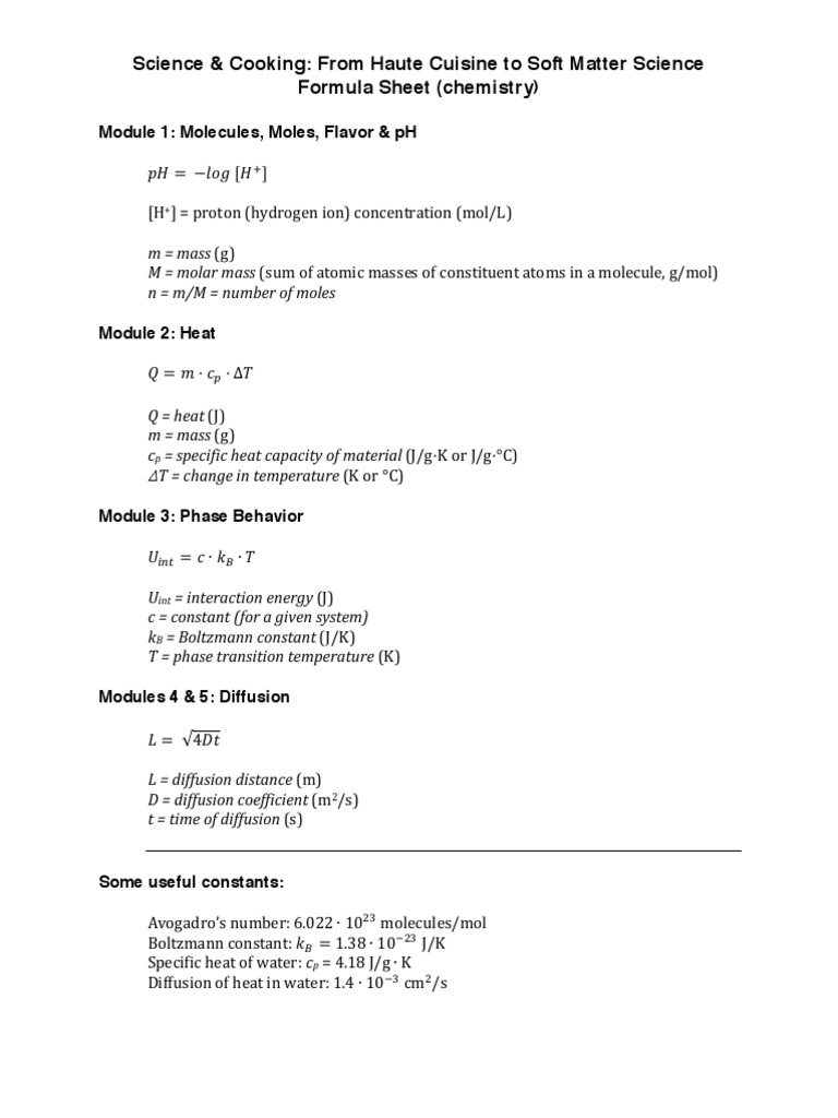 Science and Cooking Formula Sheet FINAL