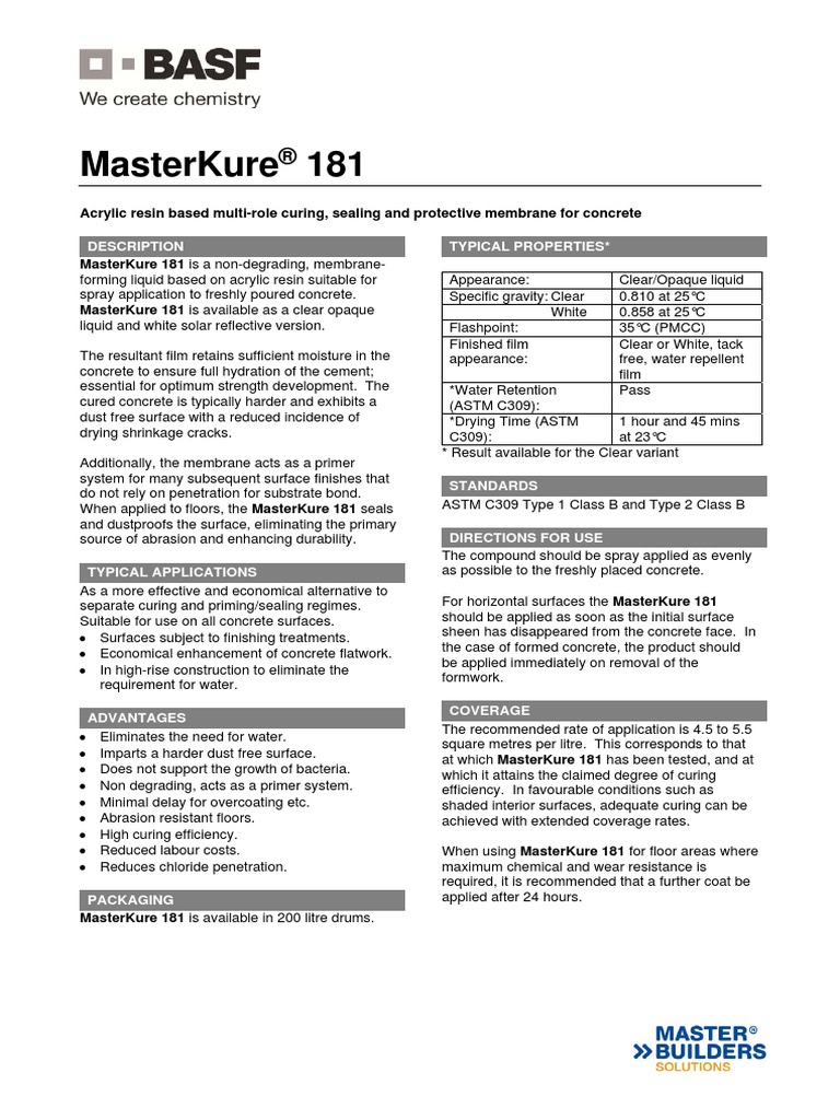 Basf Masterkure 181 Tds | PDF | Concrete | Specification (Technical ...