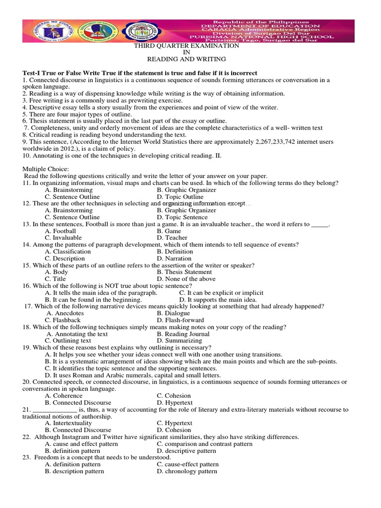 Grade 11 Reading and Writing Exam Q3 | PDF | Brainstorming | Essays