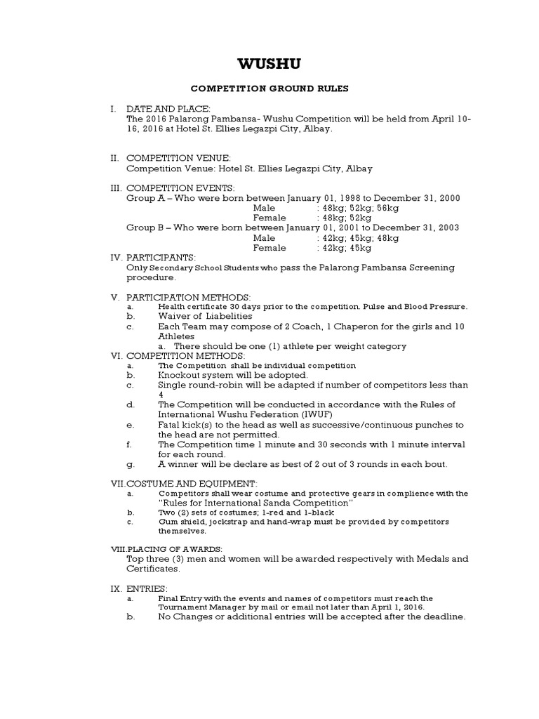 Wushu Gound Rules Deped | PDF | Sports
