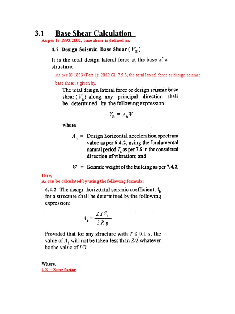 3.1 Base Shear Calculation: As Per IS 1893:2002, Base Shear Is Defined ...