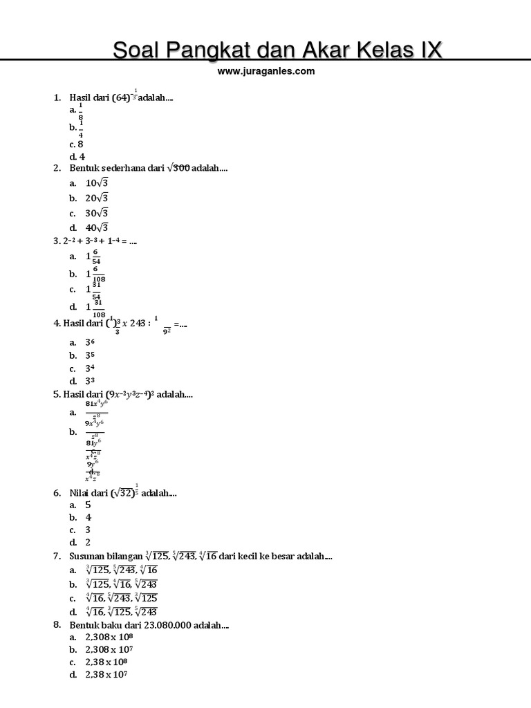 Soal Pangkat Dan Akar Kelas 9 | PDF