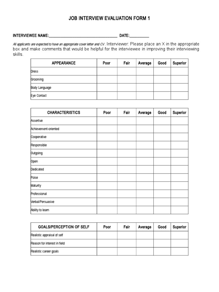 Job Interview Evaluation Form 1 | PDF | Job Interview | Behavior Modification