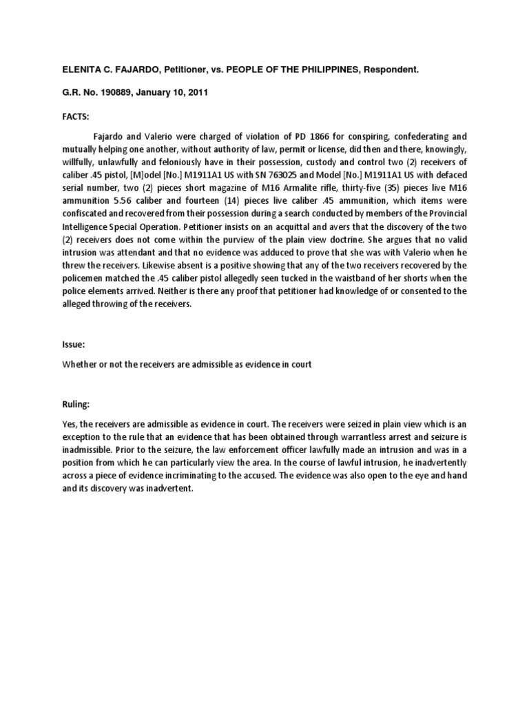 Searches and Seizures - Fajardo Vs People Digest | PDF