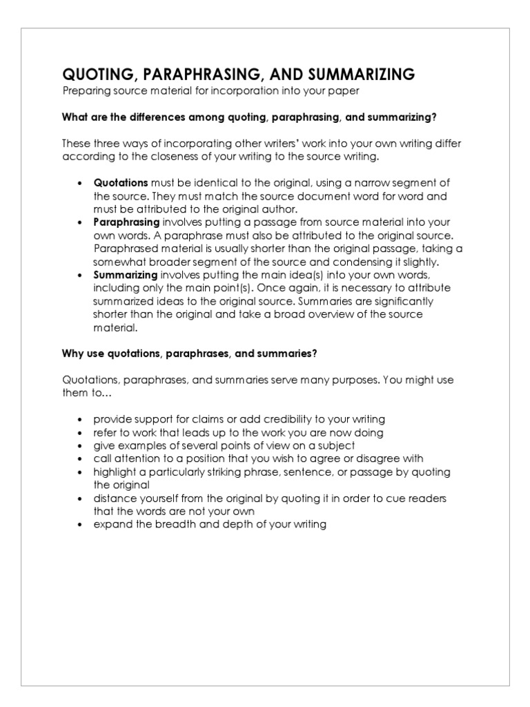 Quoting, Paraphrasing, and Summarizing | PDF | Communication