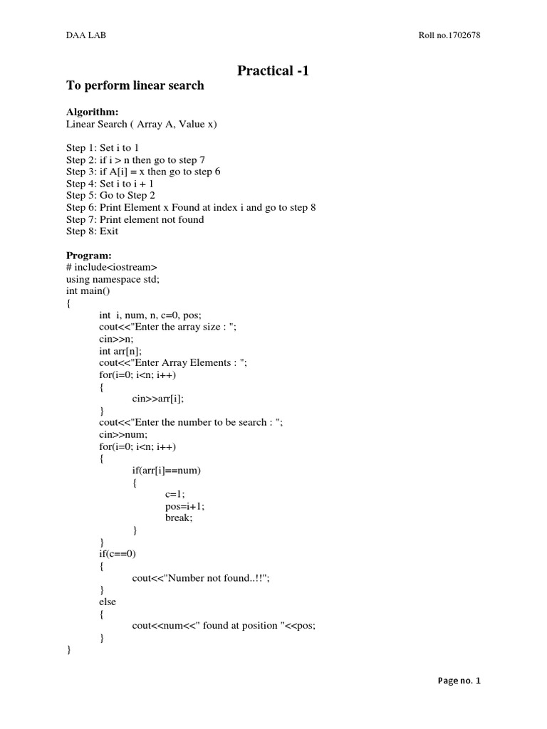 Linear search algorithm and program | PDF