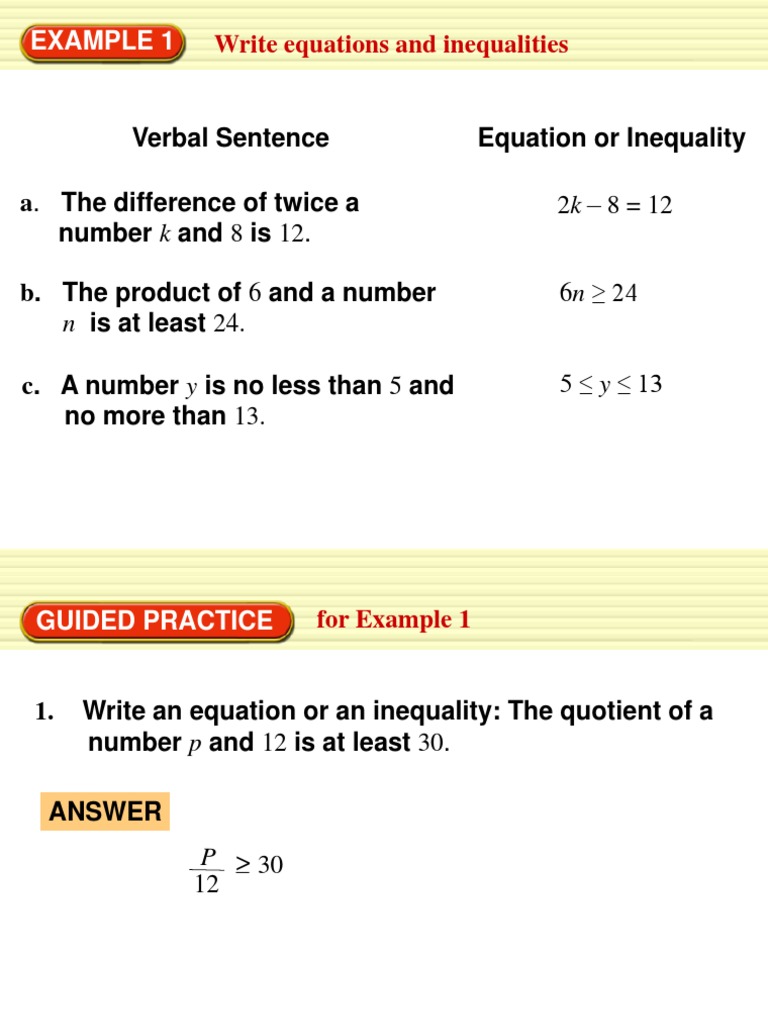 Write Equations and Inequalities: Example 1 | PDF