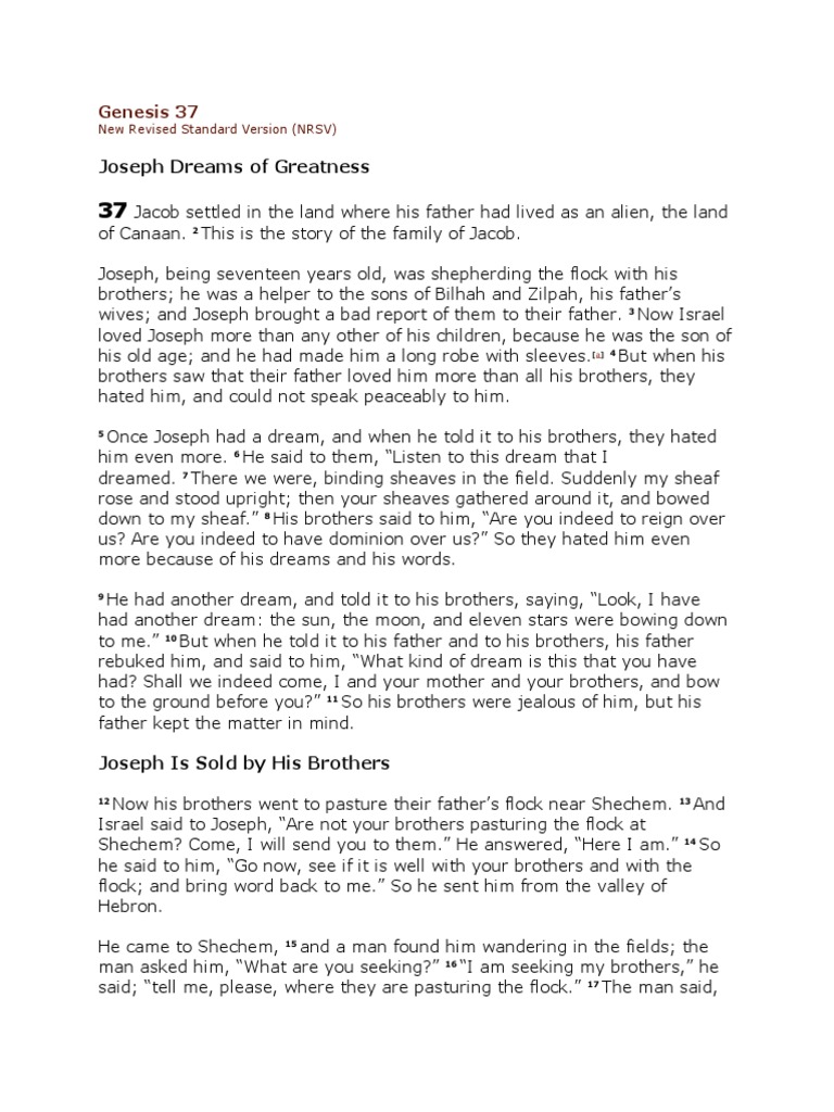 Joseph Dreams of Greatness: Genesis 37 | PDF | Jacob | Torah