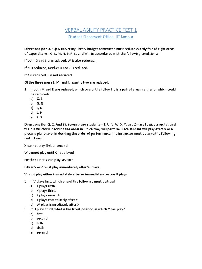 Verbal Ability Practice Test 1: Student Placement Office, IIT Kanpur ...