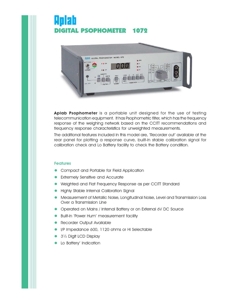 Digital Psophometer 1072: Features | PDF | Decibel | Electrical Impedance