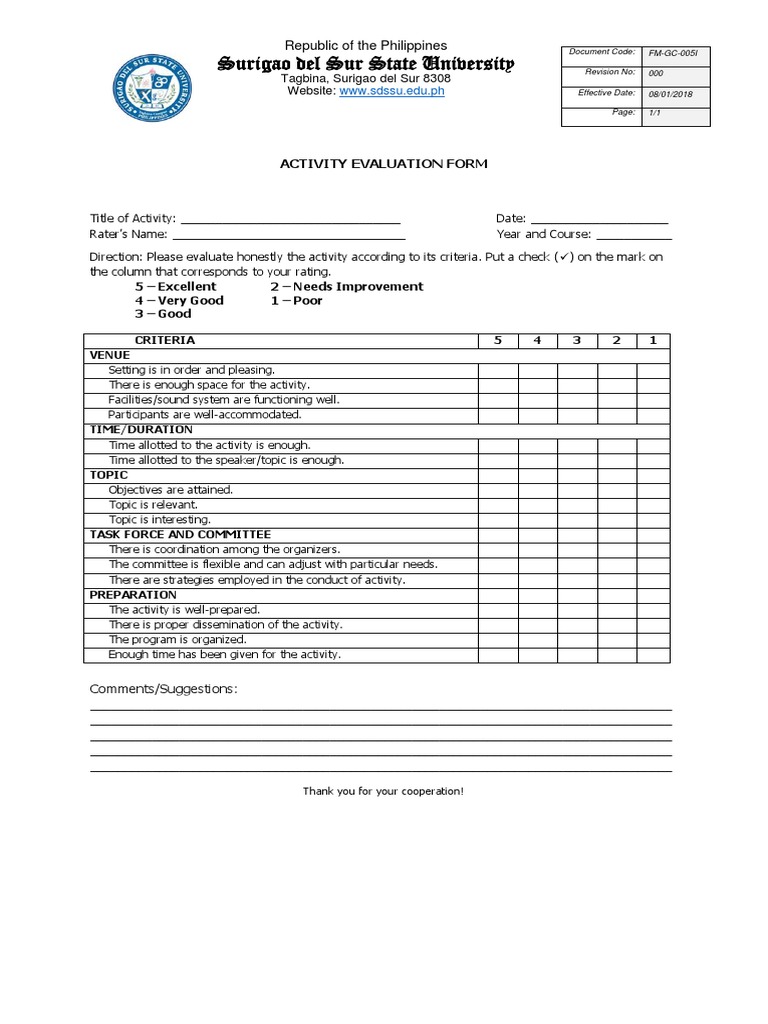 Surigao Del Sur State University: Activity Evaluation Form | PDF