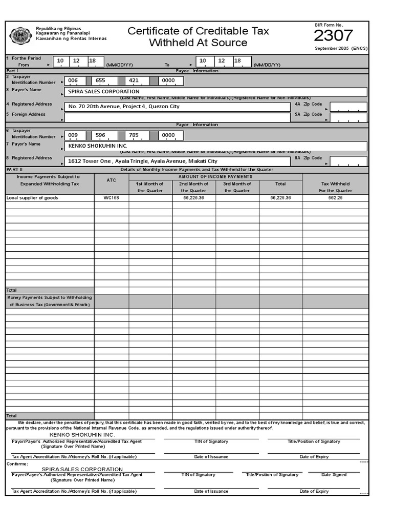 Certificate of Creditable Tax Withheld at Source: Kawanihan NG Rentas ...