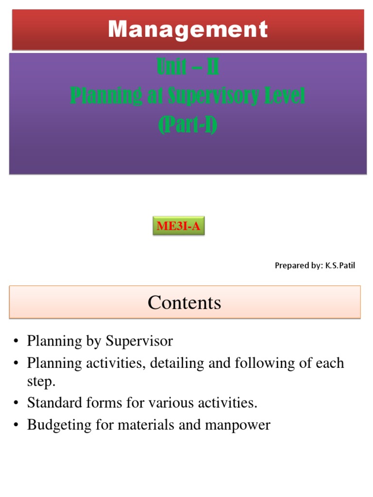 Unit - II Planning at Supervisory Level (Part-I) : Management | PDF ...