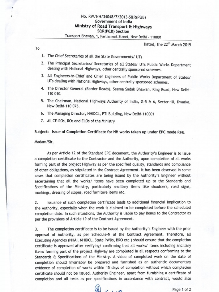 MoRTH Circular On Completion Certificate PDF | PDF