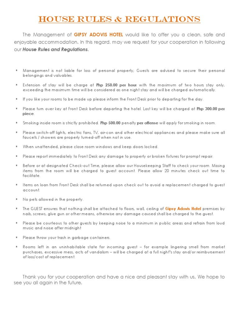 House Rules & Regulations: Gipsy Adovis Hotel | PDF