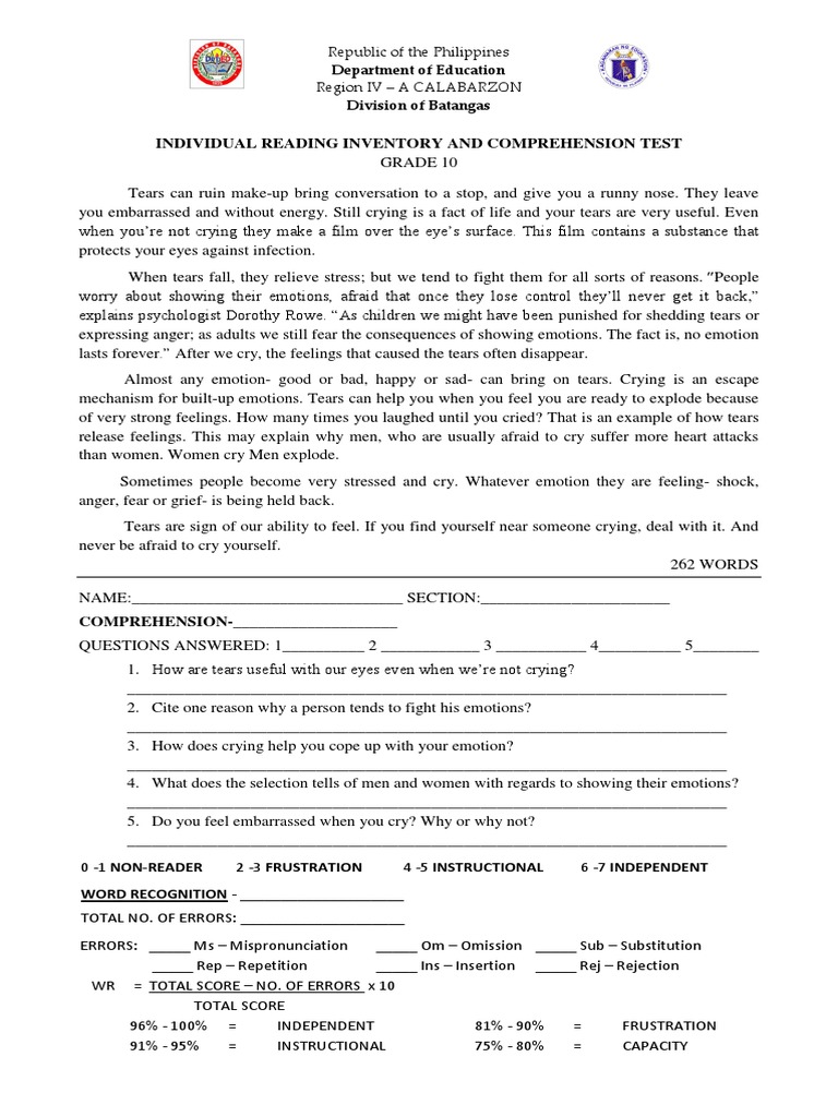 Individual Reading Inventory and Comprehension Test: Department of ...