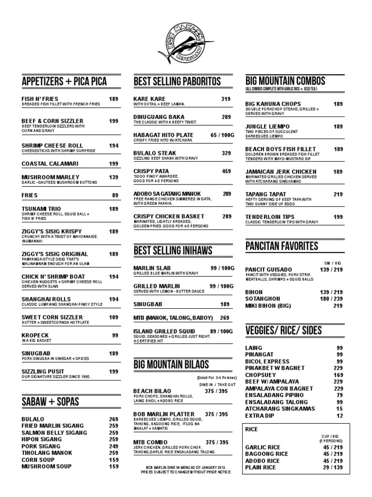 Bob Marlin Restaurant Menu | PDF | Meat Dishes | Western Cuisine
