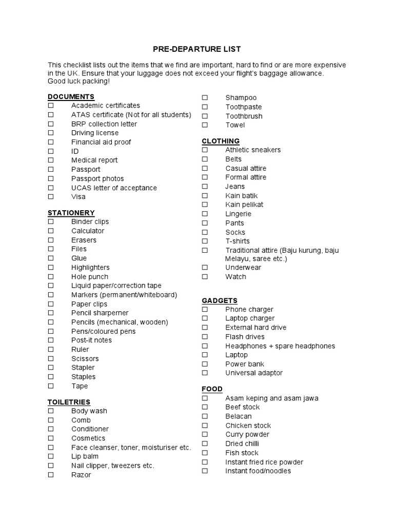 Pre-Departure List: Documents | Download Free PDF | Home | Clothing
